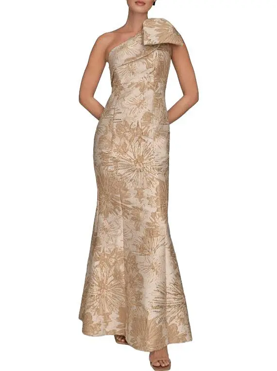 Donna Karan New York Metallic One-shoulder Jacquard Mermaid Gown - Gold Multi
