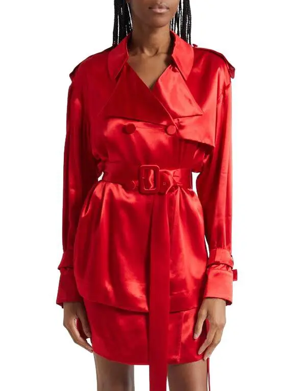 FERRAGAMO Long Sleeve Satin Trench Shirt - Dark Red