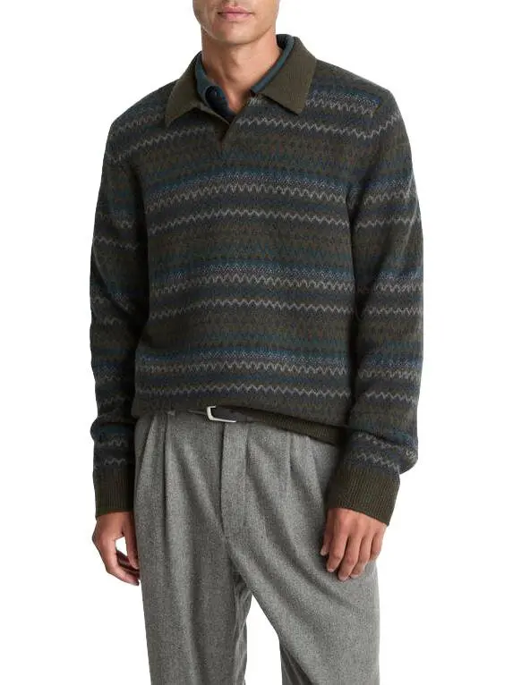 Vince Fair Isle Wool & Cashmere Johnny Collar Polo Sweater - Dark Leaf Combo