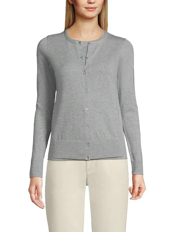 LANDS' END Fine Gauge Cotton Cardigan Sweater - Gray Heather