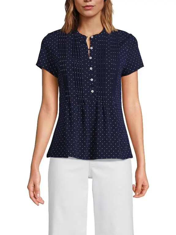 LANDS' END Short Sleeve Pintuck Button Top - Deep Sea Navy Pin Dot