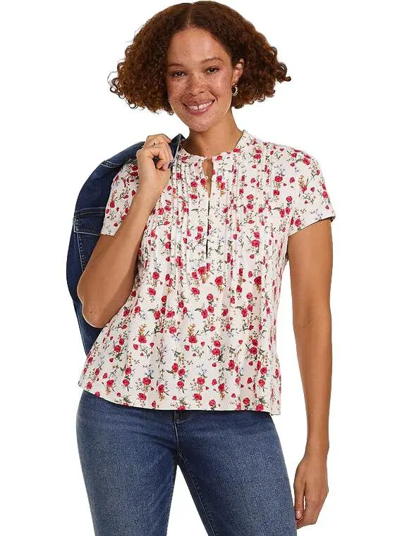 LANDS' END Short Sleeve Pintuck Button Top - Ivory Mini Poppy Floral