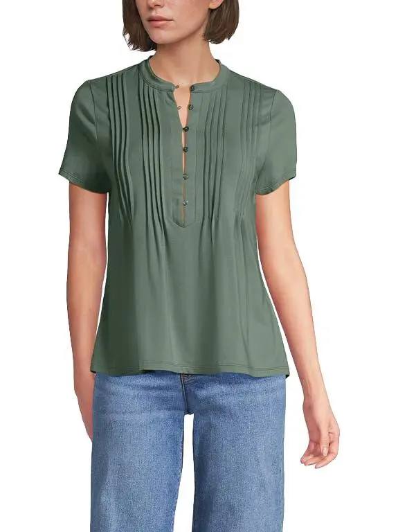 LANDS' END Short Sleeve Pintuck Button Top - Lily Pad Green