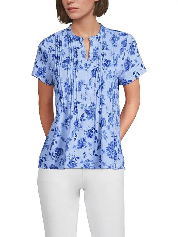 LANDS' END Short Sleeve Pintuck Button Top - Misty Blue Graphic Floral