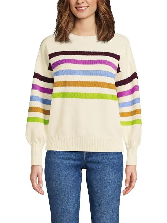 LANDS' END Drifter Jersey Crewneck Sweater - Ivory Placed Multi Stripe