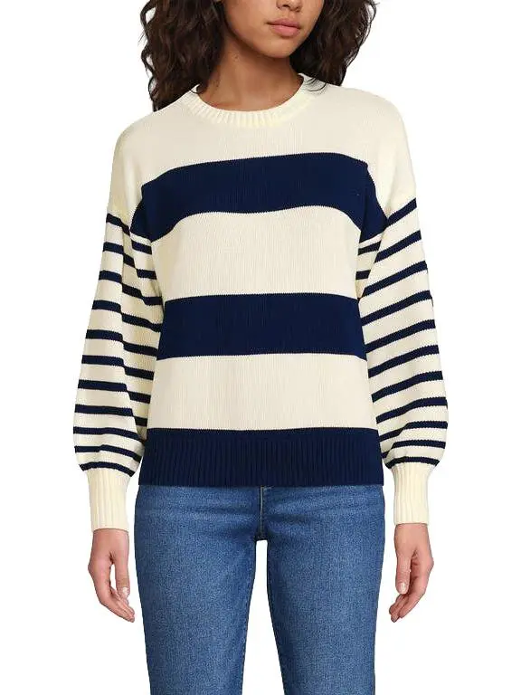 LANDS' END Drifter Jersey Crewneck Sweater - Navy/fresh Ivory Wide Stripe