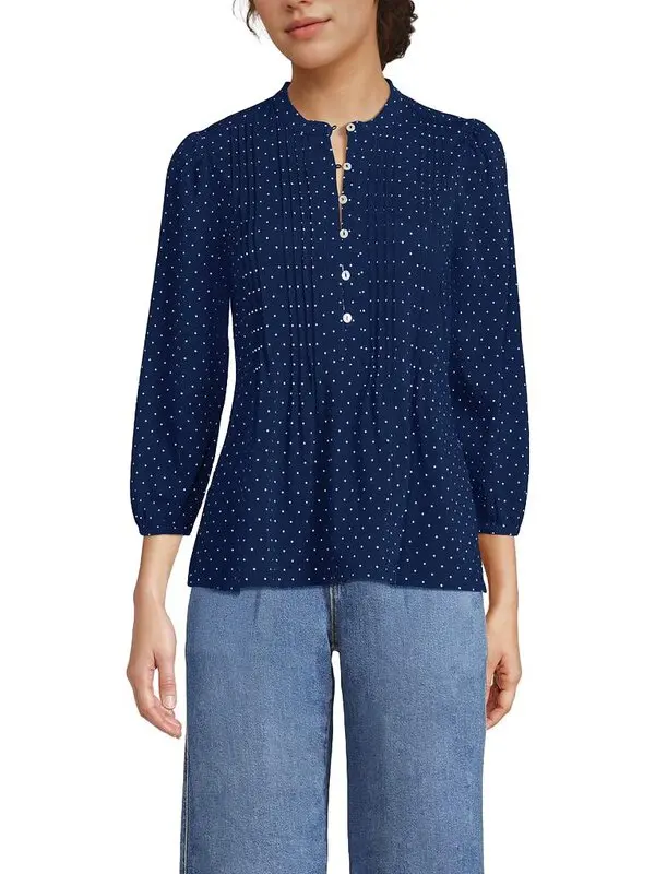 LANDS' END Lightweight Jersey Pintuck Top - Deep Sea Navy Pin Dot