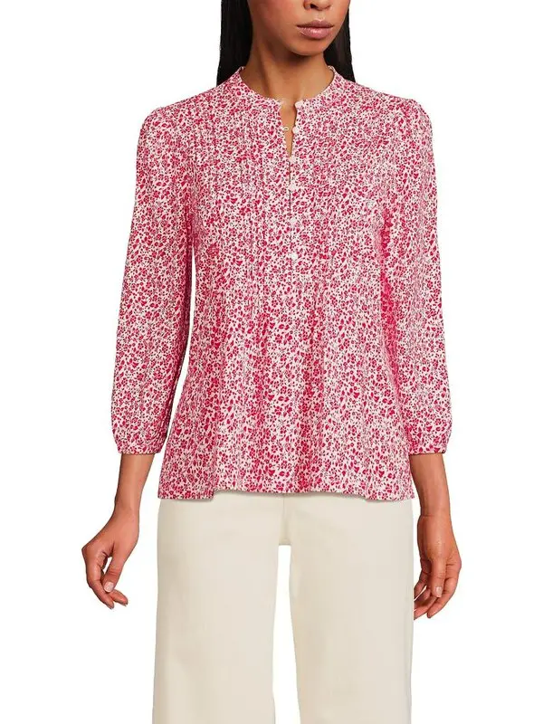 LANDS' END Lightweight Jersey Pintuck Top - Ivory/berry Rouge Blossoms