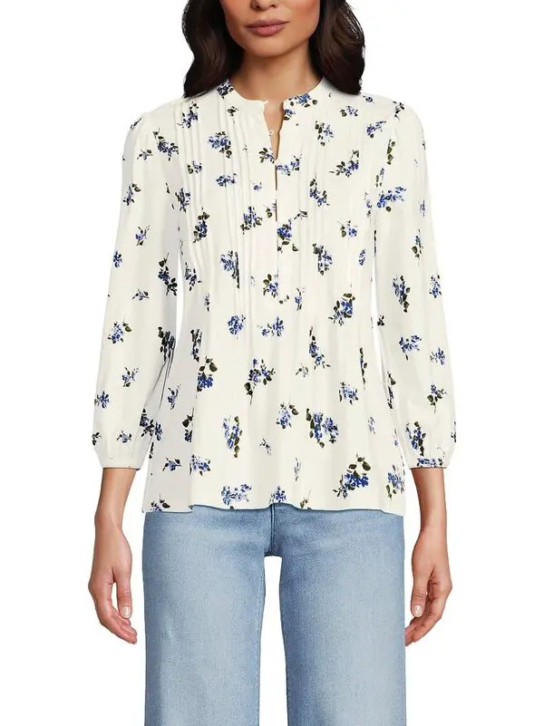 LANDS' END Lightweight Jersey Pintuck Top - Ivory/blue Bouquet