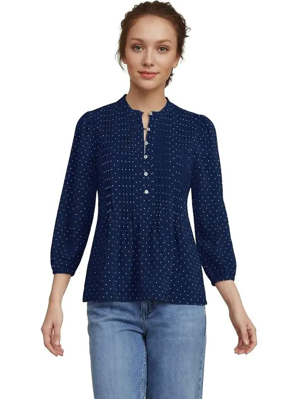 LANDS' END Lightweight Jersey Pintuck Top - Ivory/blue Bouquet