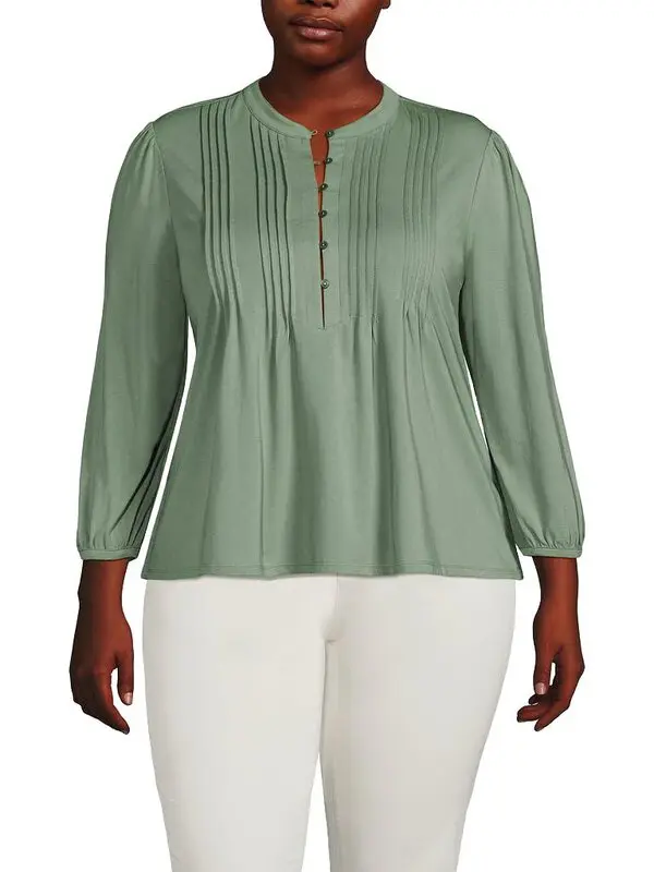 LANDS' END Lightweight Jersey Pintuck Top - Lily Pad Green