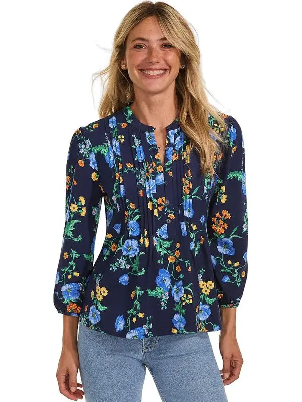 LANDS' END Lightweight Jersey Pintuck Top - Navy/tossed Poppy Floral