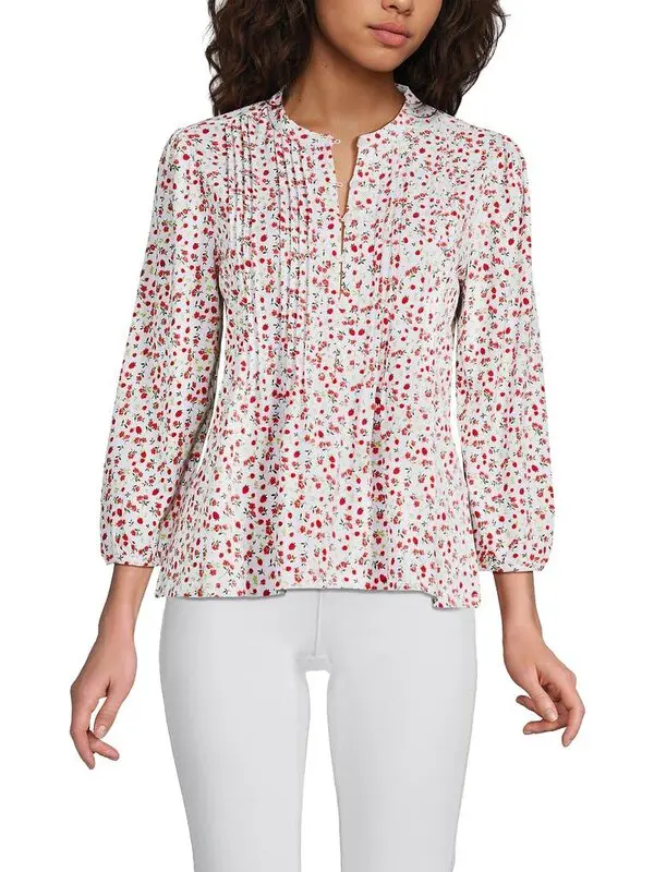 LANDS' END Lightweight Jersey Pintuck Top - White Floral Strawberries