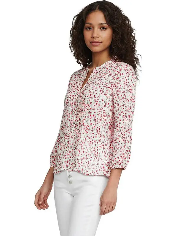 LANDS' END Lightweight Jersey Pintuck Top - White Floral Strawberries