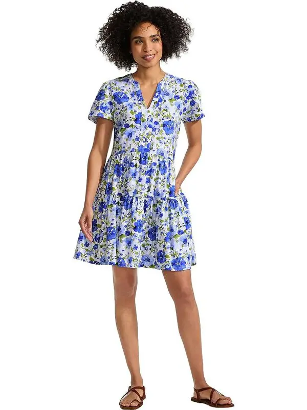 LANDS' END Cotton Jersey Tiered Mini Dress - Clear Blue Painted Blooms