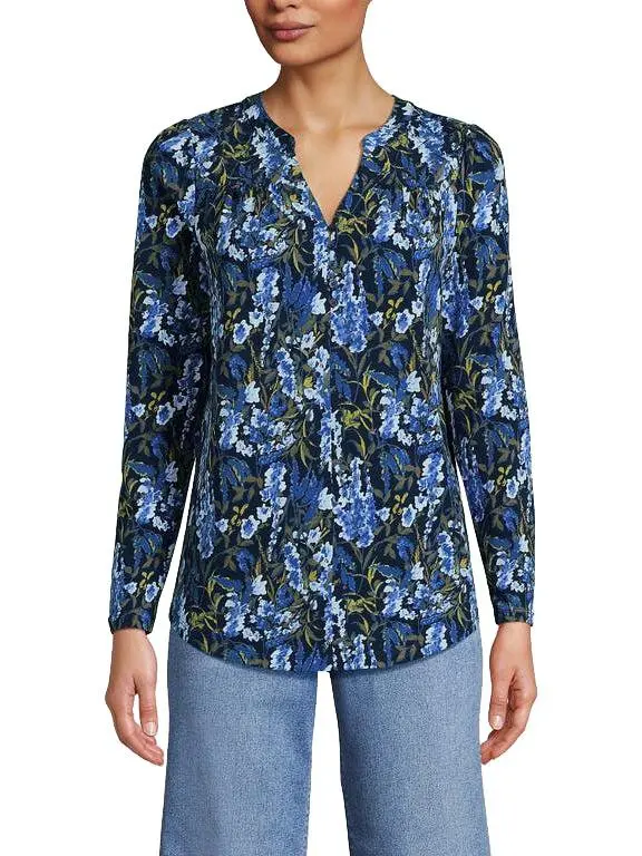 LANDS' END Long Sleeve Jersey Tunic Top - Deep Sea Multi Floral