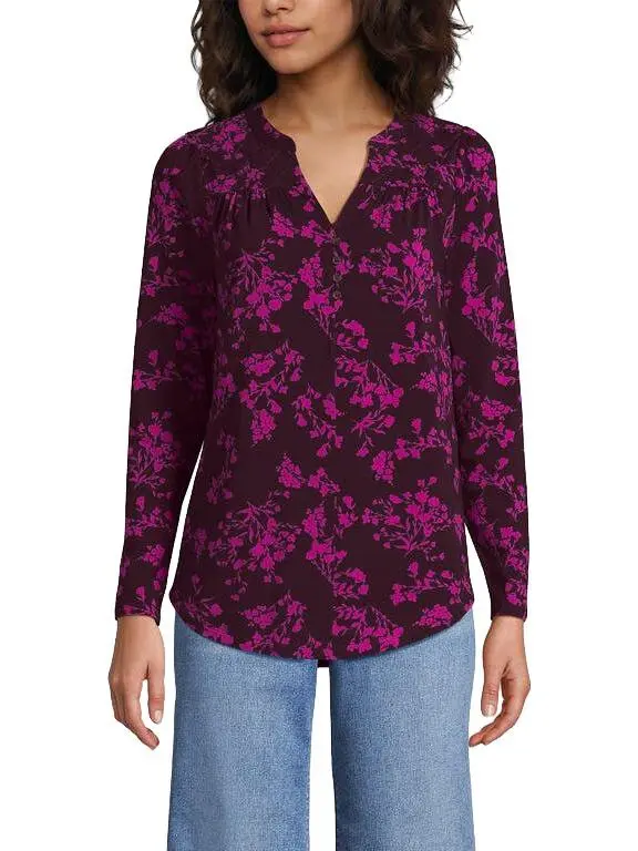 LANDS' END Long Sleeve Jersey Tunic Top - Lush Burgundy Wildflowers