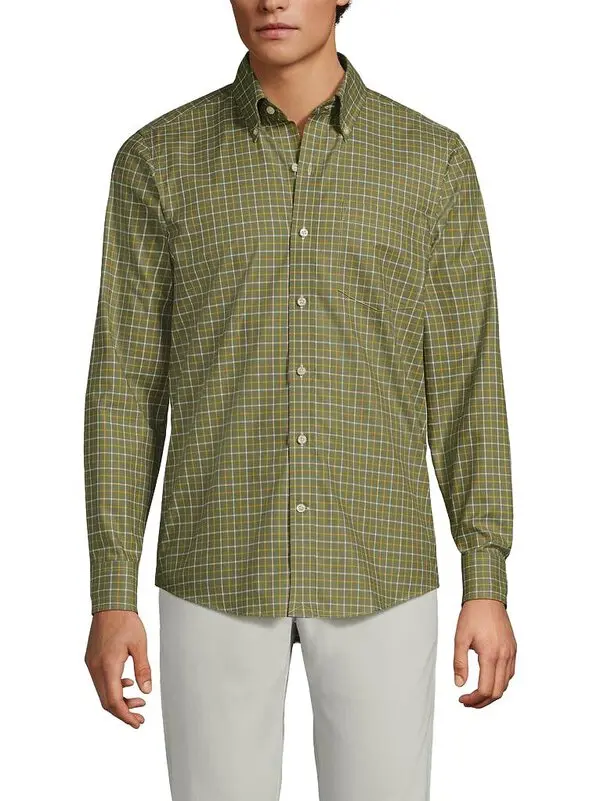 LANDS' END Tailored Fit No Iron Twill Long Sleeve Shirt - River Stone Green/gold Plaid
