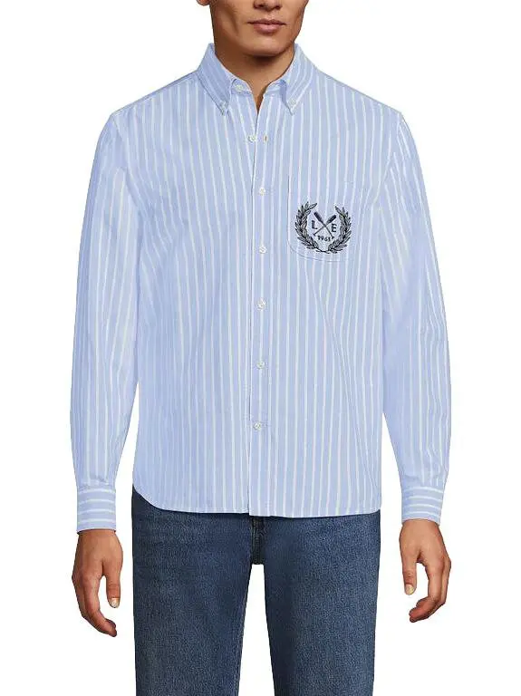 LANDS' END Traditional Fit Comfort-first Sail Rigger Oxford Shirt - Le Crest/soft Blue Stripe
