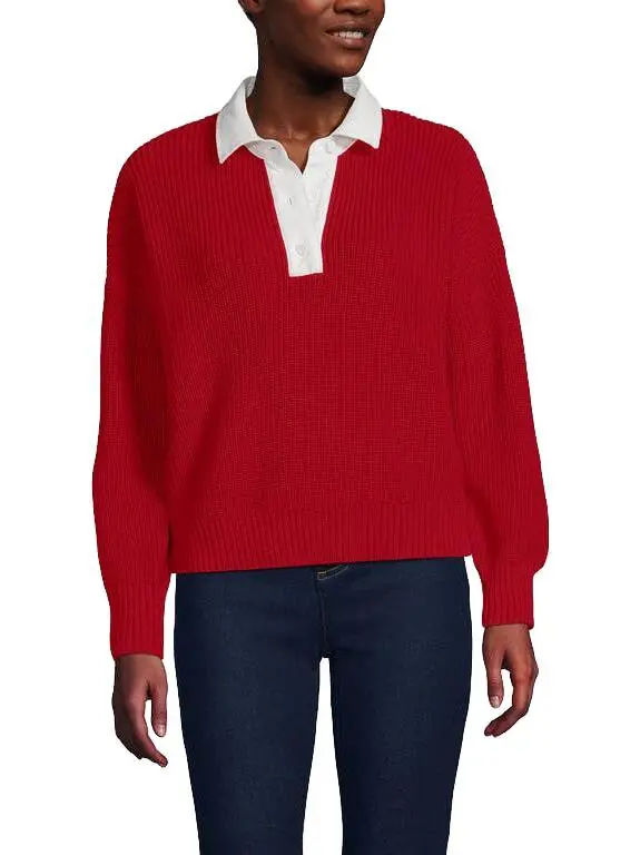 LANDS' END Drifter Rugby With Woven Collar Sweater - Compass Red