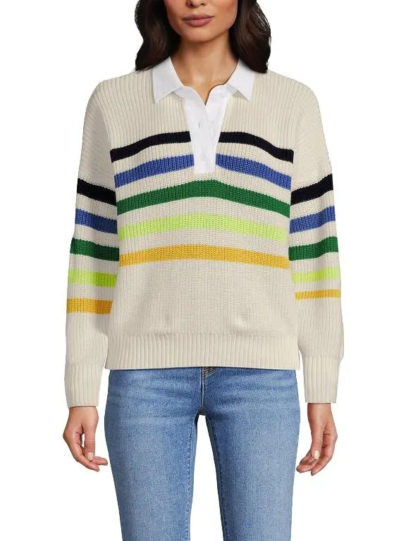 LANDS' END Drifter Rugby With Woven Collar Sweater - Ivory/multi Gem Placed Stripe