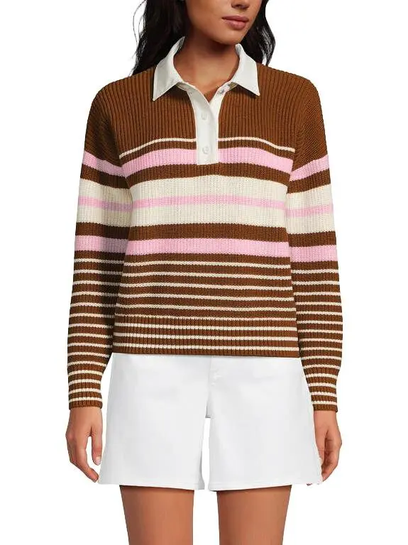LANDS' END Drifter Rugby With Woven Collar Sweater - Rich Ginger Multi Stripes