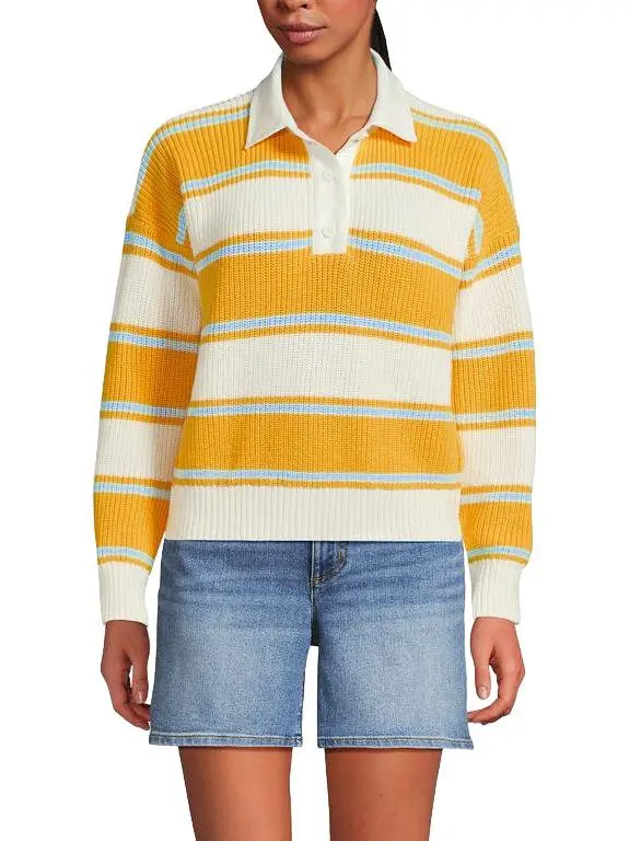 LANDS' END Drifter Rugby With Woven Collar Sweater - Sunkissed Yellow Stripes