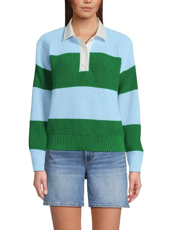 LANDS' END Drifter Rugby With Woven Collar Sweater - True Green/soft Ice Blue Rugby