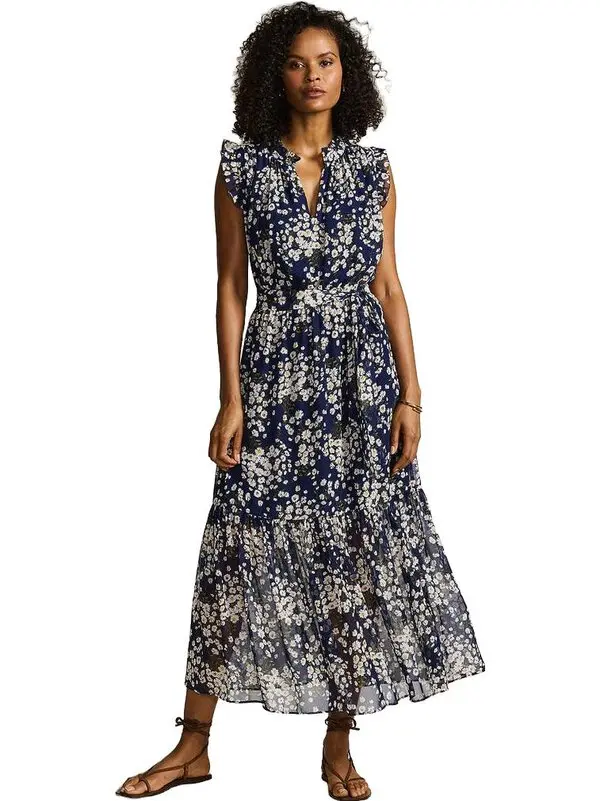 LANDS' END Chiffon Maxi Dress With Ruffle Detail - Deep Sea Navy Tossed Daisies