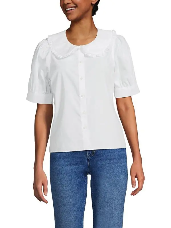 LANDS' END Puff Sleeve Ruffle Collar Shirt - White