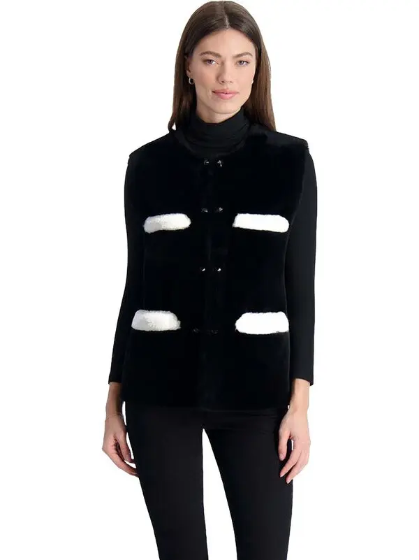 Gorski Merino Genuine Shearling Collarless Vest With Embellishment - Black/white