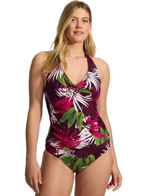 LANDS' END Twist Halter Tankini Top - Dark Wine Multi Tropical Palm