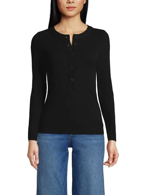 LANDS' END Drapey Rib Skimming Long Sleeve Henley - Black