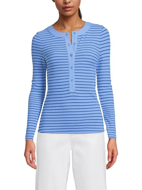 LANDS' END Drapey Rib Skimming Long Sleeve Henley - Clear Blue Sky/cobalt Stripe