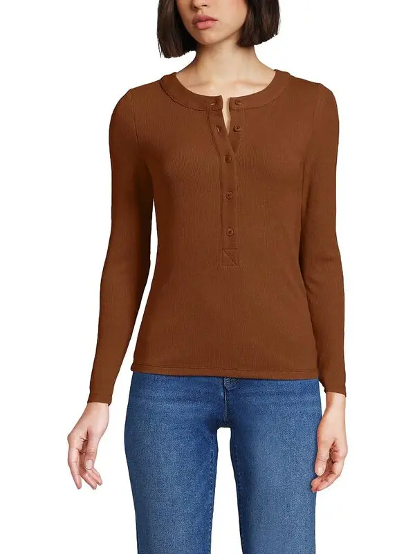 LANDS' END Drapey Rib Skimming Long Sleeve Henley - Rich Ginger Brown