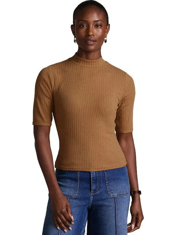 LANDS' END Elbow Sleeve Pointelle Rib Mock Neck Pullover - Canyon Camel