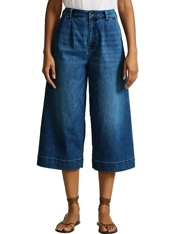 LANDS' END Denim Mid Rise Wide Leg Culottes - Indigo Tide Blue