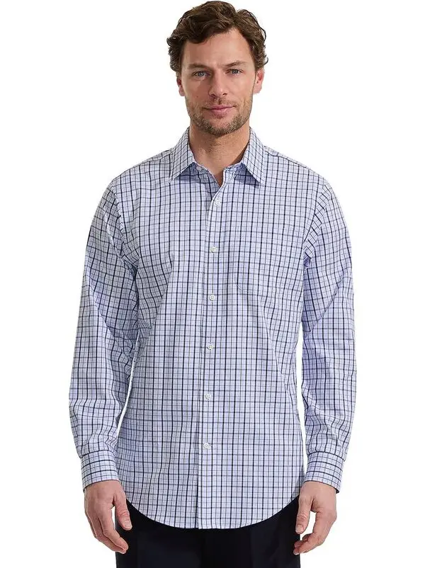 LANDS' END Solid No Iron Supima Pinpoint Straight Collar Dress Shirt - Deep Sea Navy Breeze Plaid