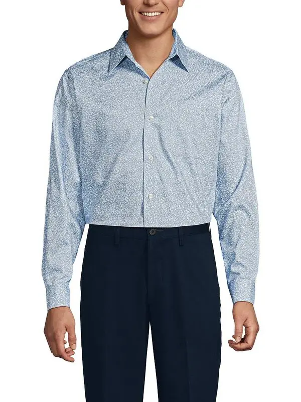 LANDS' END Solid No Iron Supima Pinpoint Straight Collar Dress Shirt - Oasis Blue/white Ditsy