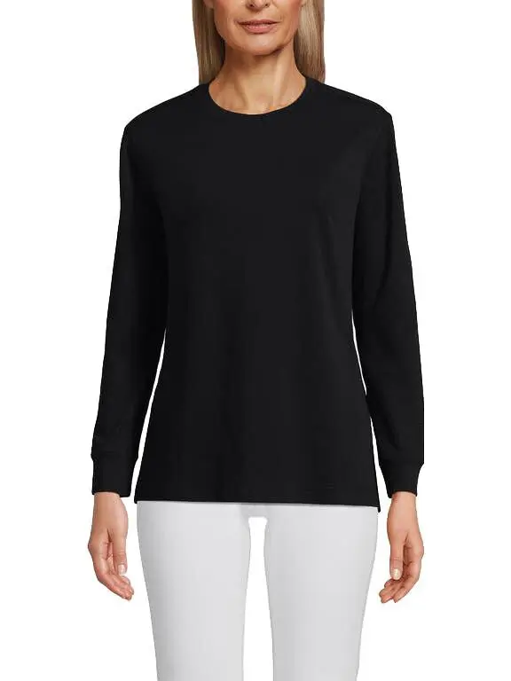LANDS' END Long Sleeve Cotton Interlock Crew T-shirt - Black