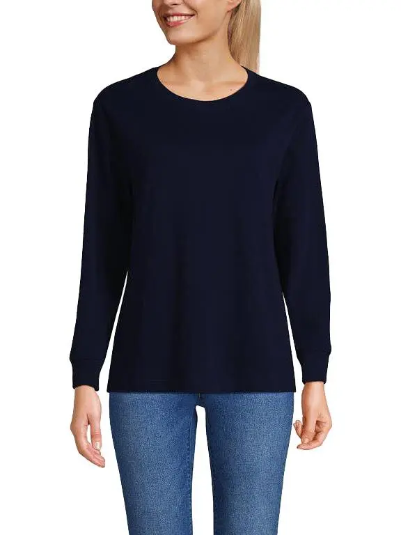 LANDS' END Long Sleeve Cotton Interlock Crew T-shirt - Deep Sea Navy