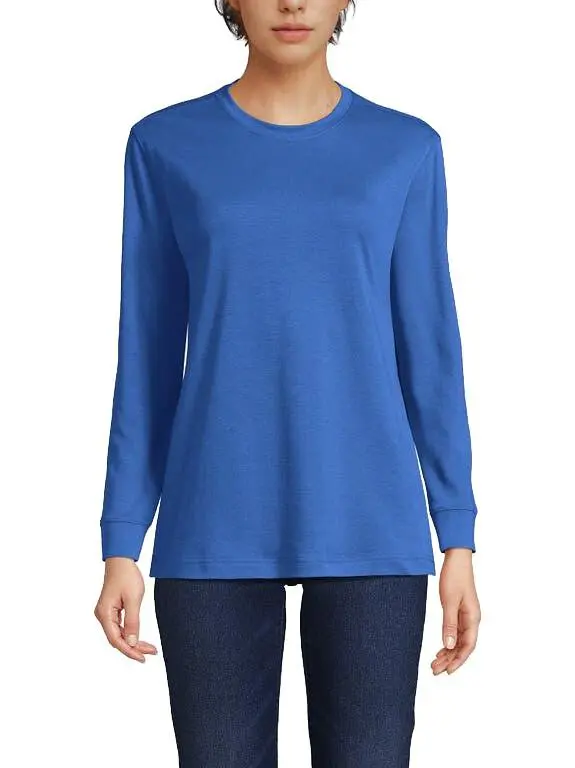 LANDS' END Long Sleeve Cotton Interlock Crew T-shirt - Muted Cobalt Blue