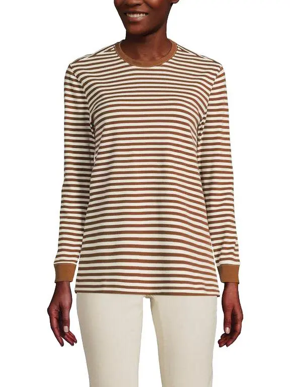 LANDS' END Long Sleeve Cotton Interlock Crew T-shirt - Rich Ginger/ivory Stripe