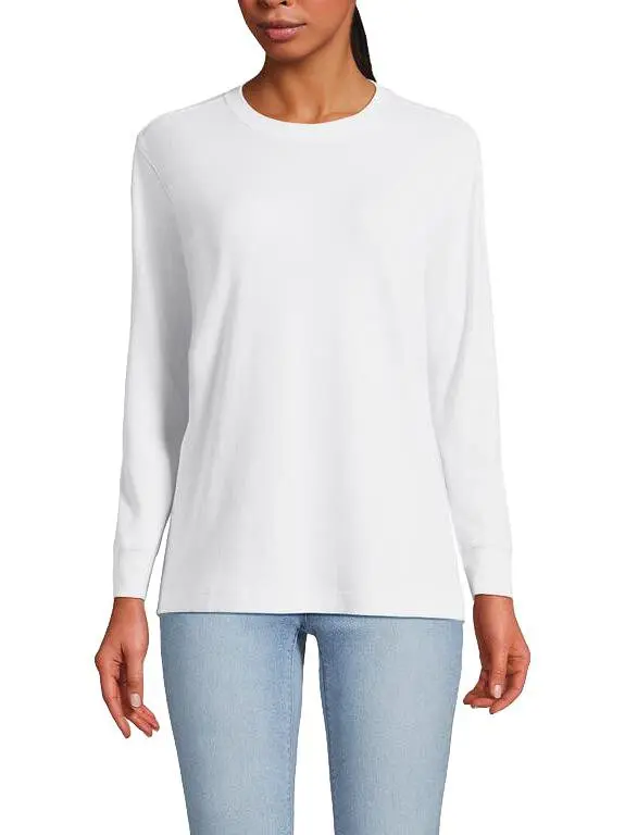 LANDS' END Long Sleeve Cotton Interlock Crew T-shirt - White