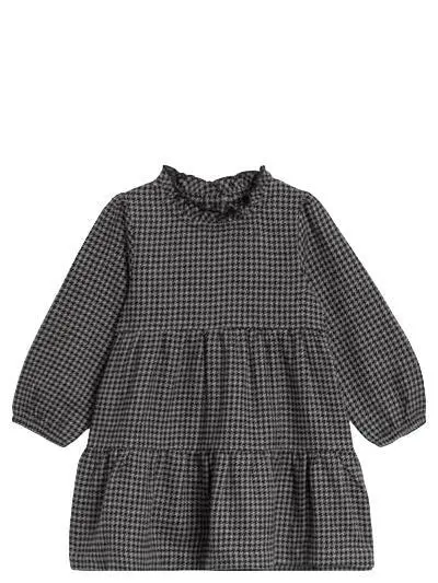 KENDI Neela Organic Flannel Ruffle Neckline Long Sleeve Dress - Houndstooth
