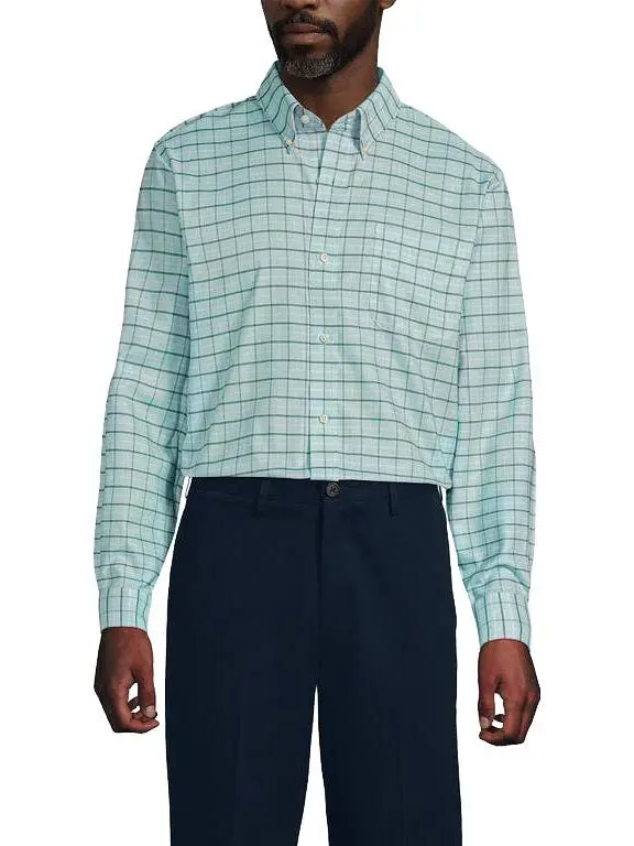 LANDS' END No Iron Supima Oxford Dress Shirt - Pale Sky/eucalyptus Plaid