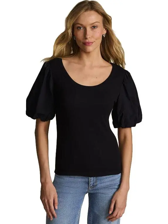 LANDS' END Rib Puff Sleeve Scoop Neck Top - Black