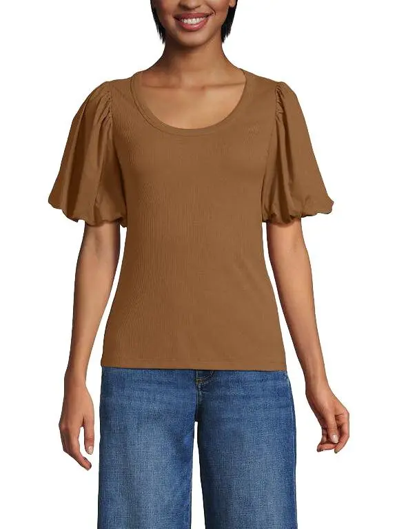 LANDS' END Rib Puff Sleeve Scoop Neck Top - Canyon Camel