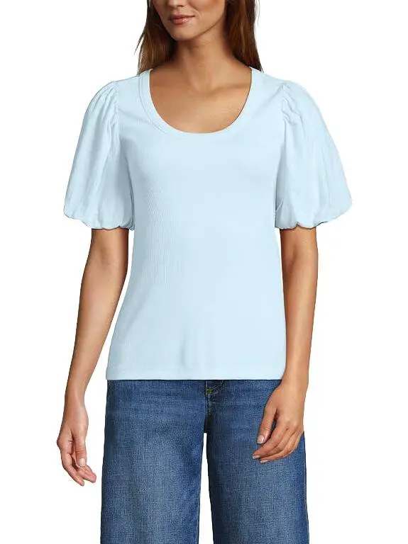 LANDS' END Rib Puff Sleeve Scoop Neck Top - Soft Ice Blue