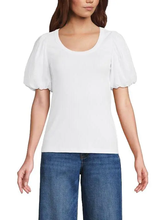 LANDS' END Rib Puff Sleeve Scoop Neck Top - White